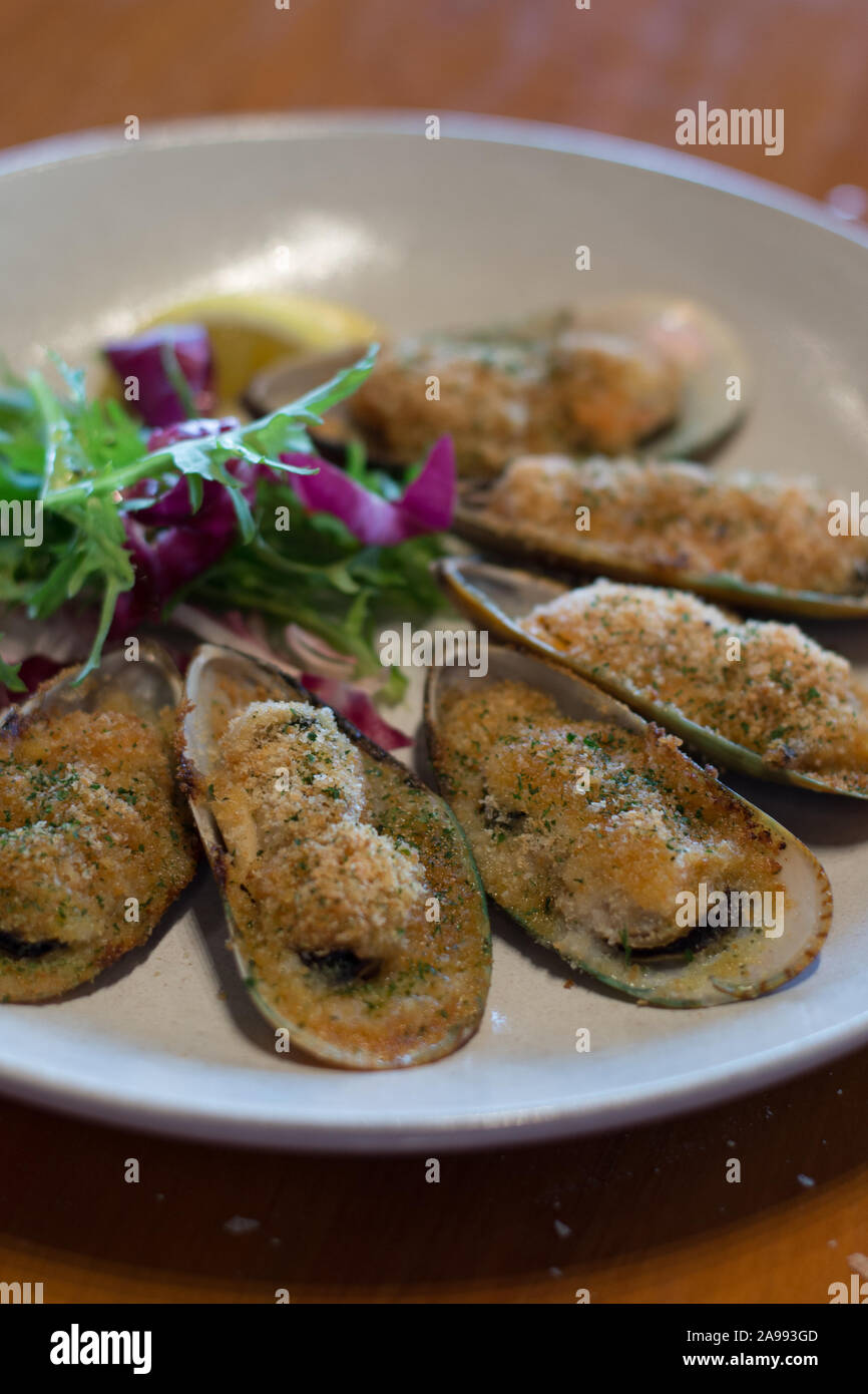 baked green lip mussels with white miso butter, brioche crumbs chives ...