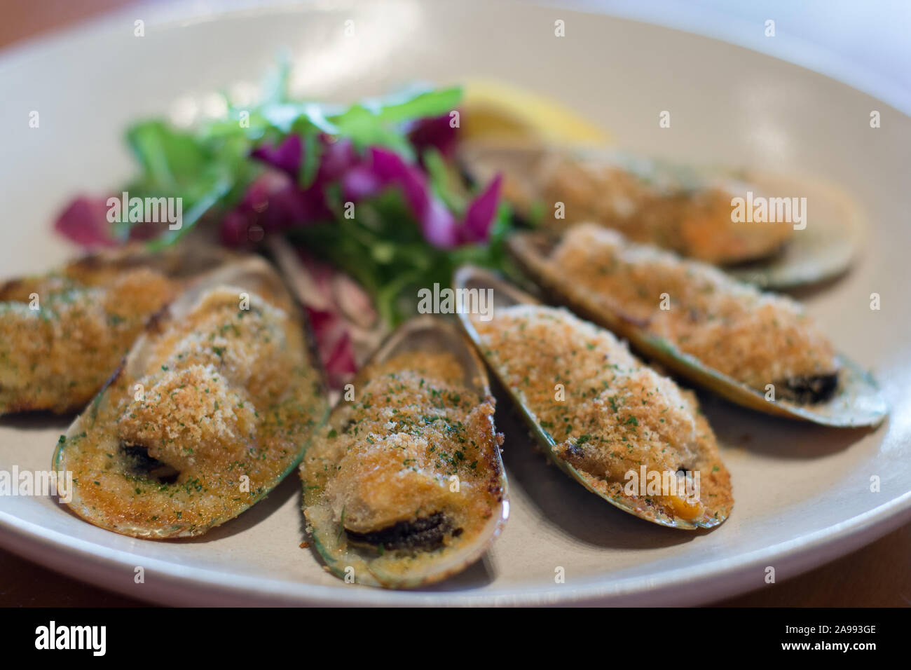 baked green lip mussels with white miso butter, brioche crumbs chives ...