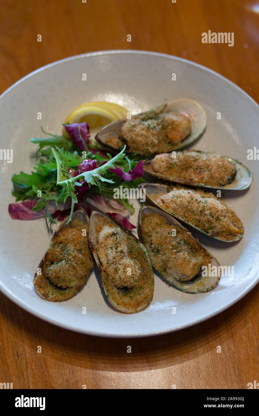 baked green lip mussels with white miso butter, brioche crumbs chives ...