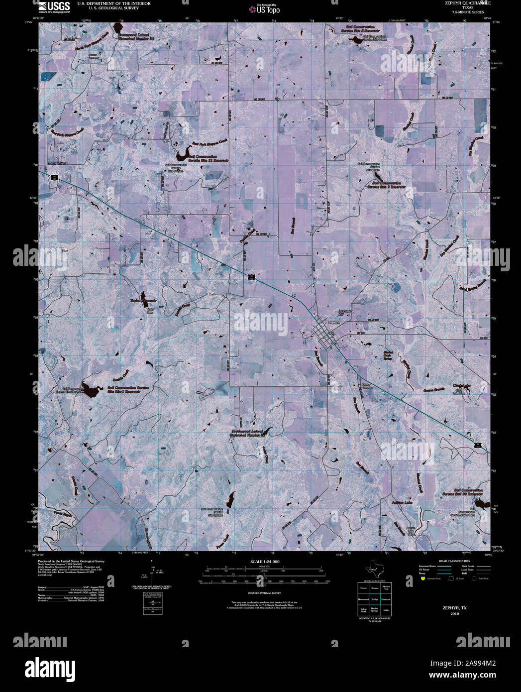USGS TOPO Map Texas TX Zephyr 20100412 TM Inverted Stock Photo - Alamy