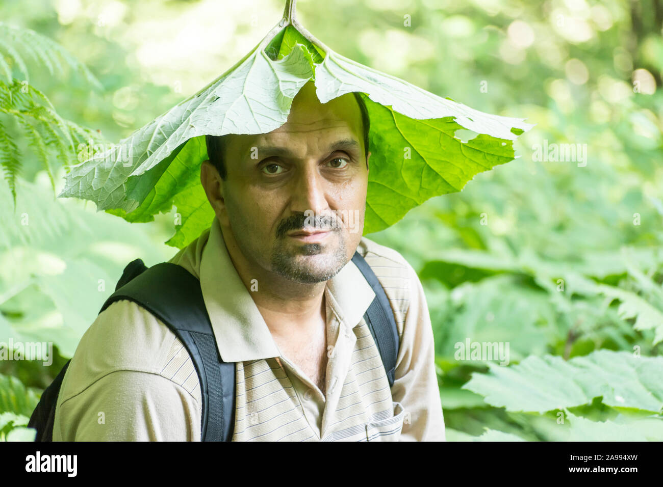 A man put a green leaf on his head in nature Stock Photo - Alamy