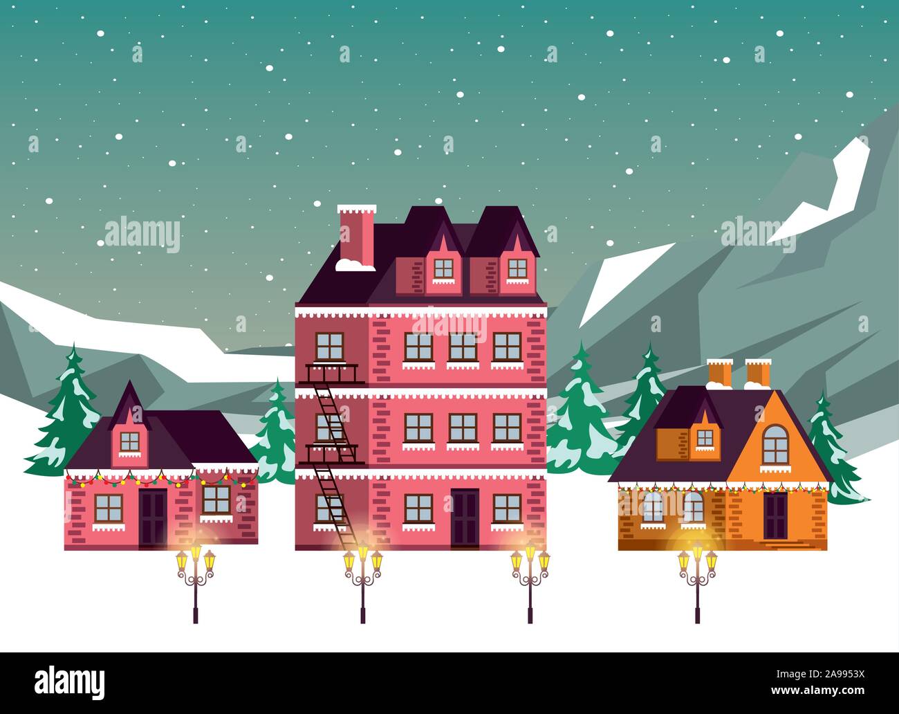 Snowy street scene vintage Stock Vector Images - Alamy