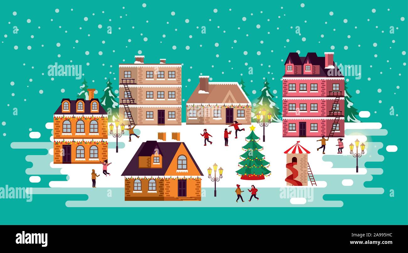 christmas winter street scene with people happy Stock Vector Image ...