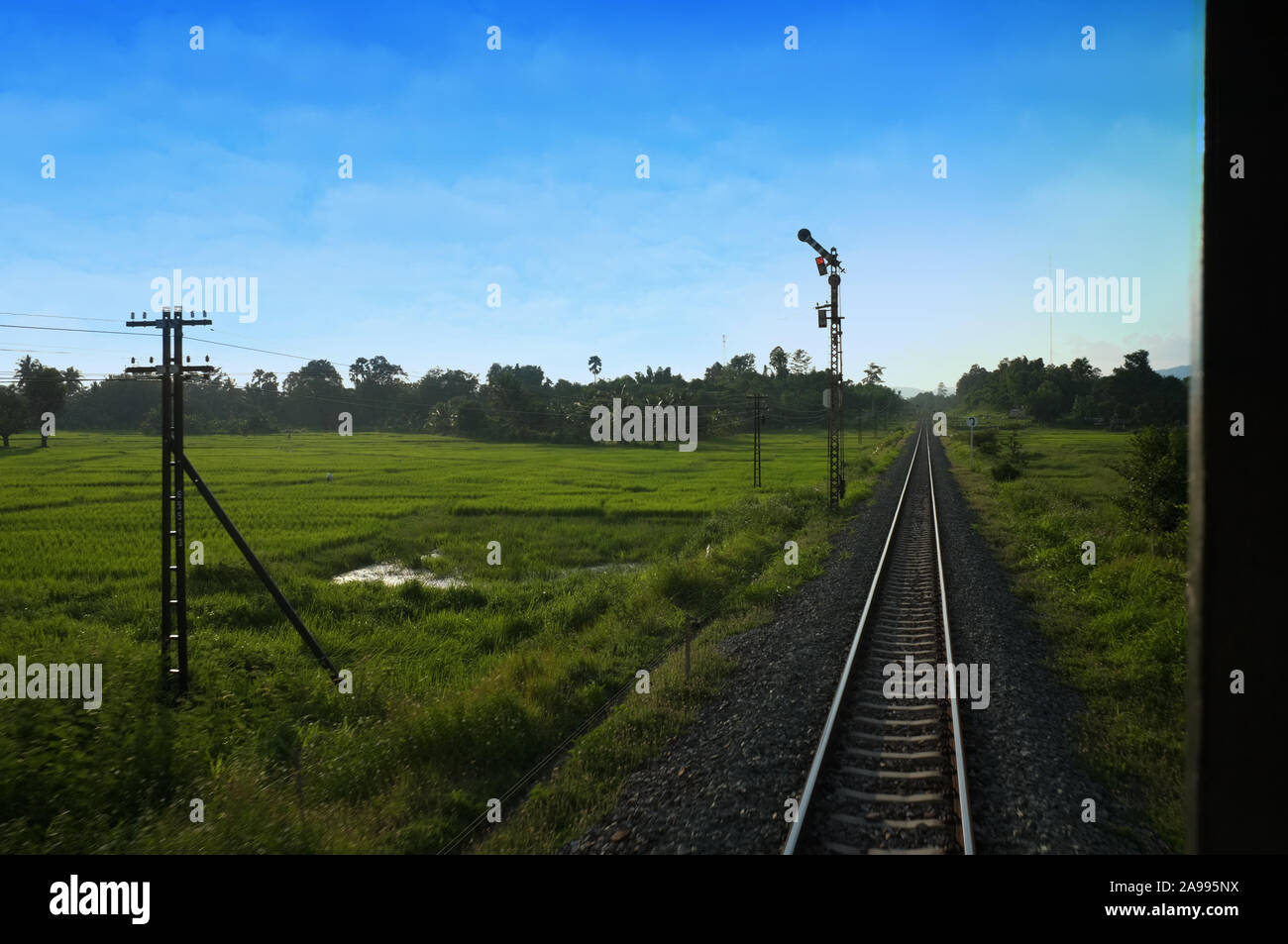 Top view of the rusty rails crossing the green field in a summer day ...