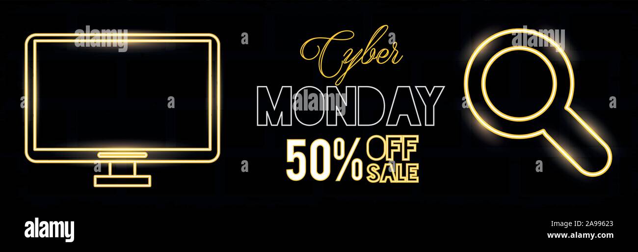 cyber monday day poster with desktop and magnifying glass Stock Vector ...