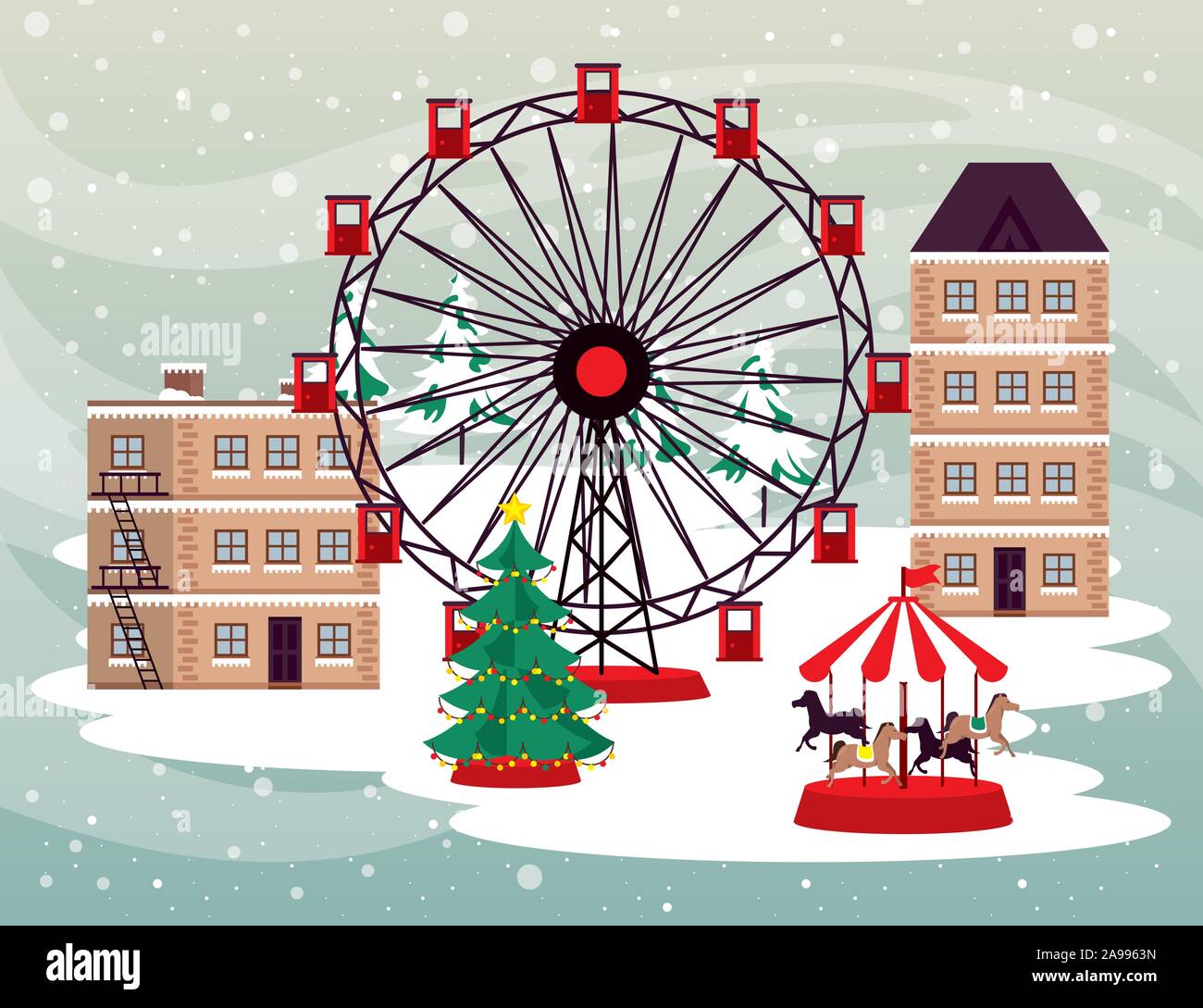 christmas winter street scene with panoramic wheel Stock Vector Image ...