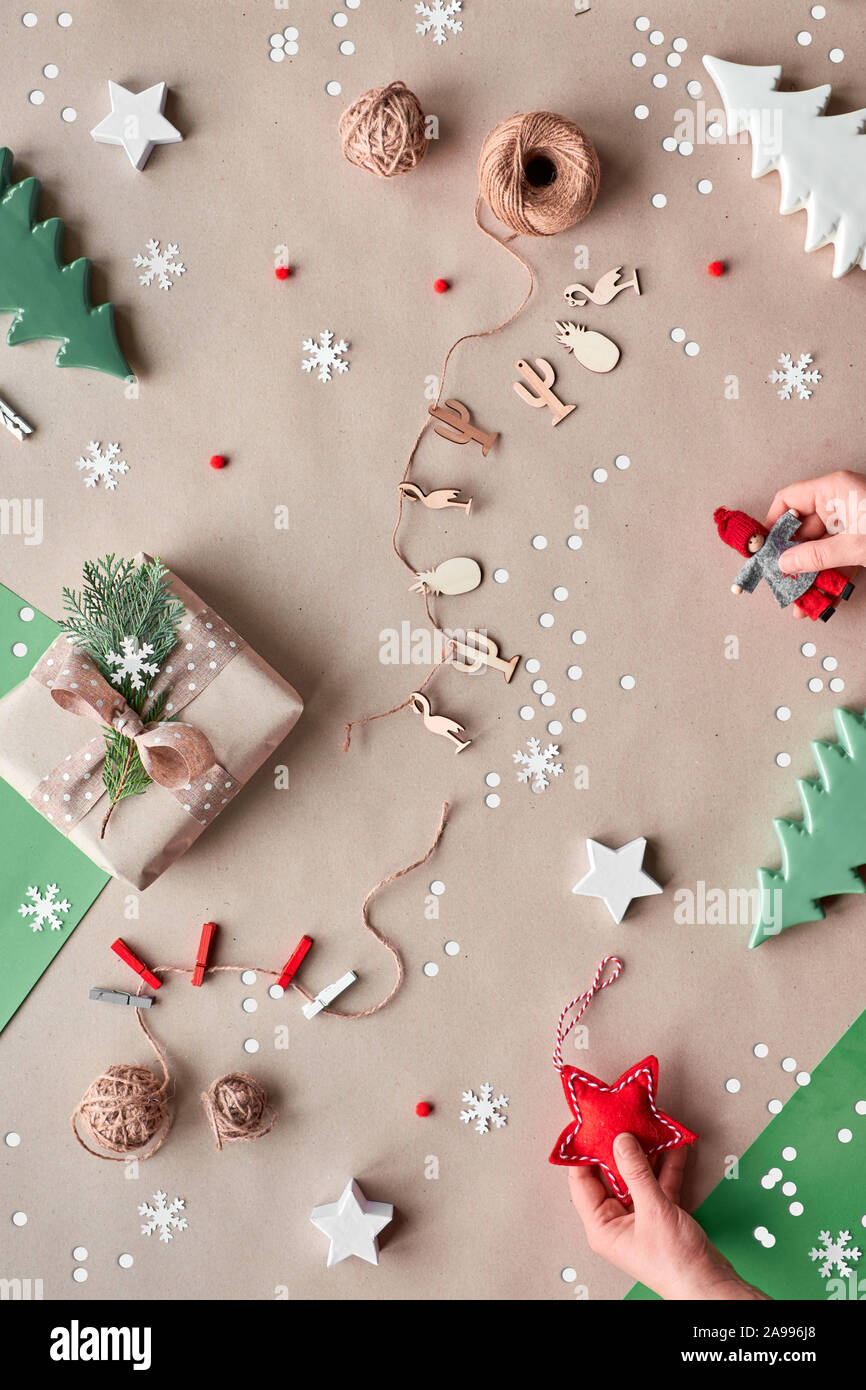 Zero waste Christmas, flat lay, top view on craft paper background ...