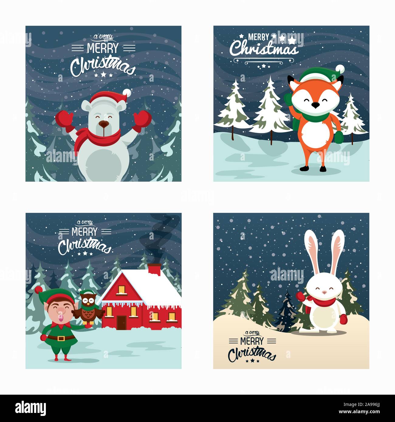 happy merry christmas card with cute characters Stock Vector Image ...