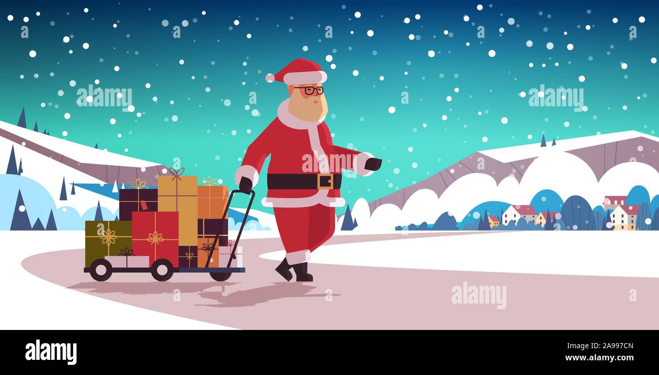 santa claus pulling trolley cart with gift present boxes merry ...
