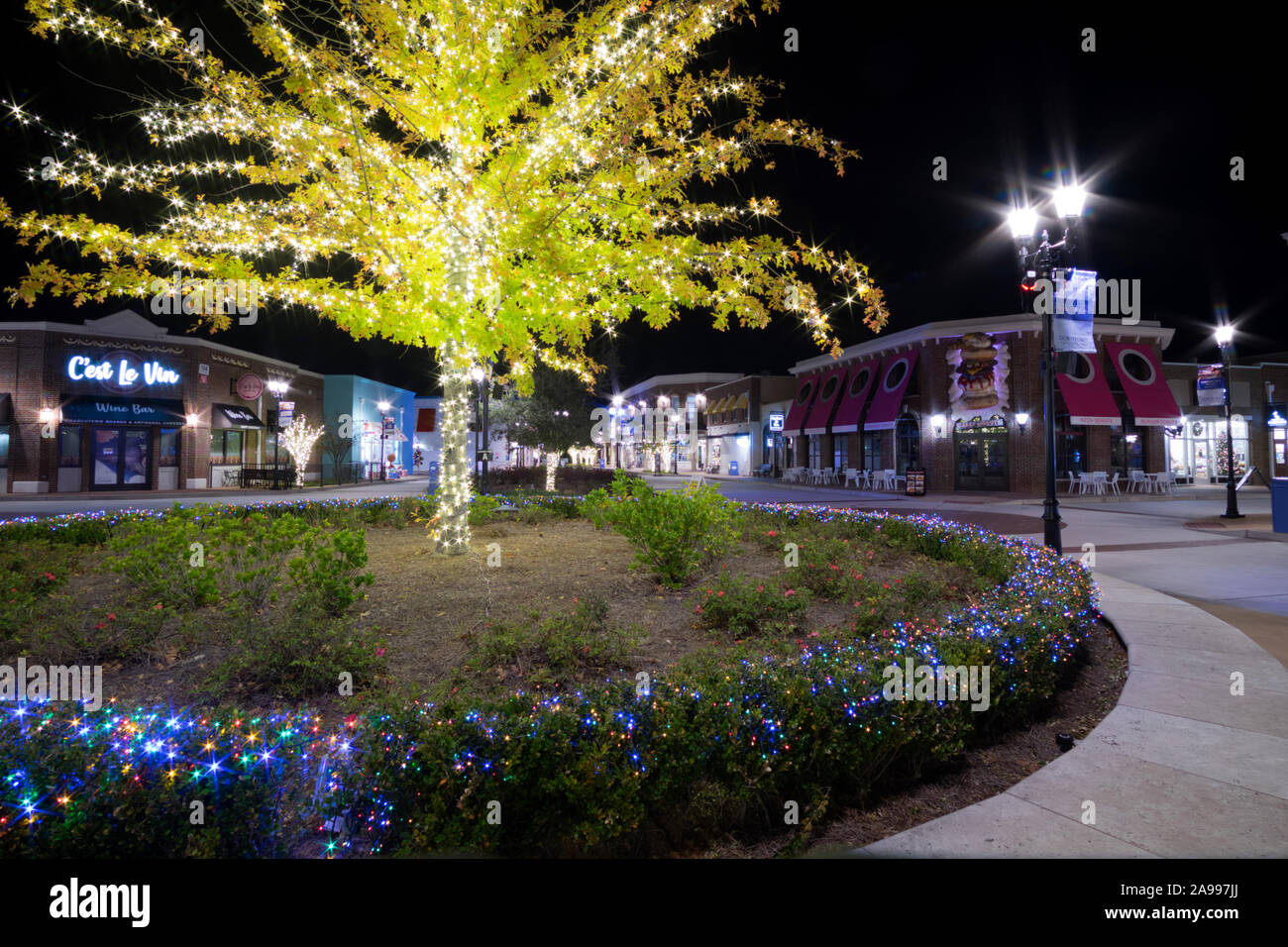 Night scene at OWA amusement park and shopping mall in Foley, Alabama ...