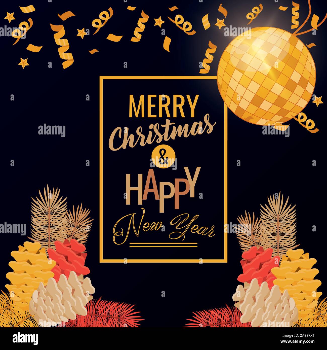 happy new year card with mirror ball and floral decoration Stock Vector ...