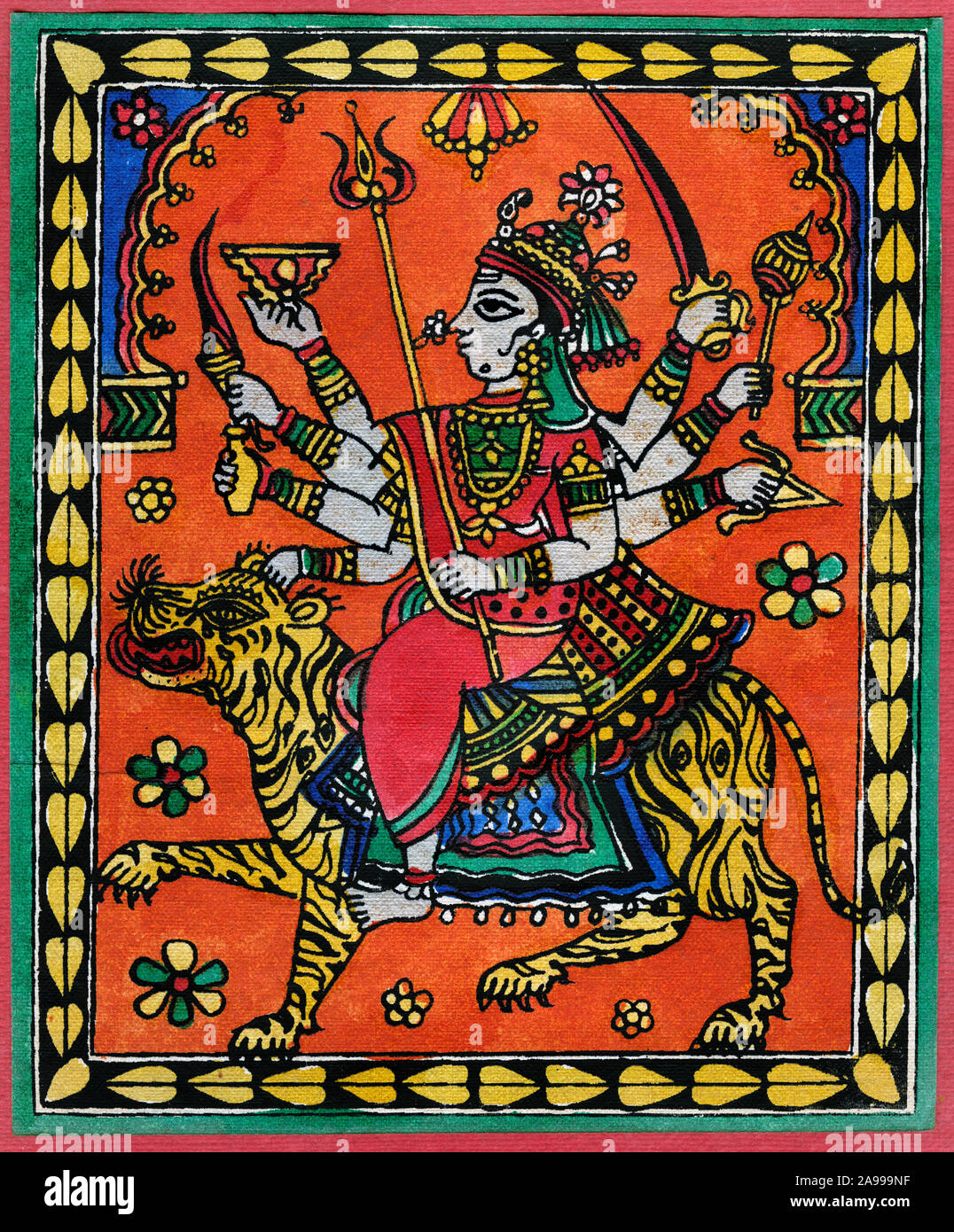 Vintage folk art illustration of Goddess Durga with eight hands holding ...