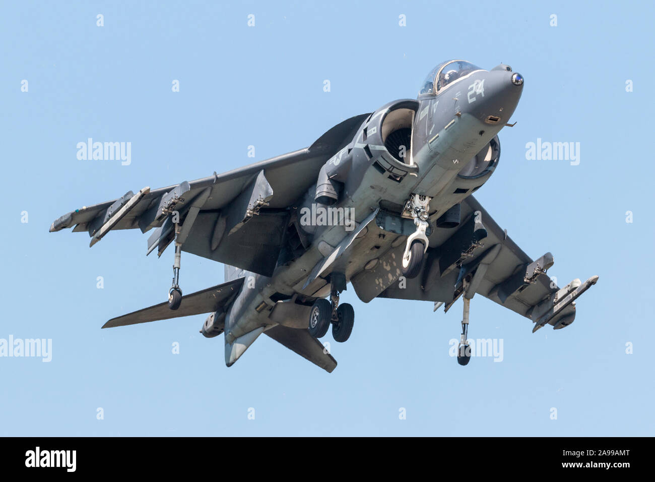 A United States Marine Corps AV-8B Harrier performs a demo at the 2015 ...