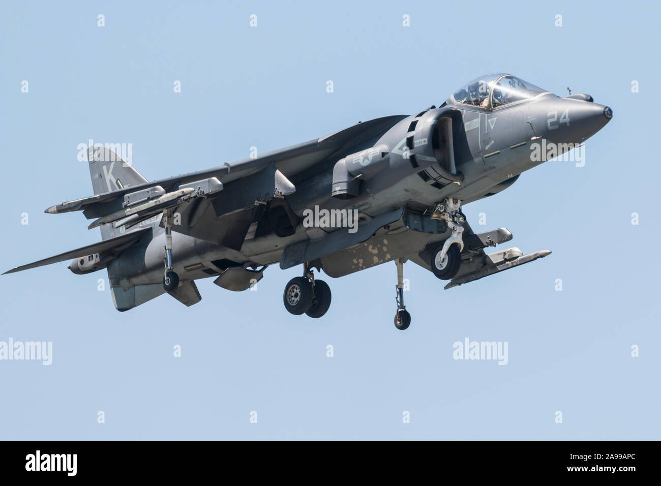 A United States Marine Corps AV-8B Harrier performs a demo at the 2015 ...