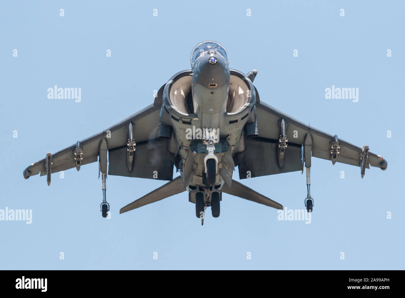 A United States Marine Corps AV-8B Harrier performs a demo at the 2015 ...