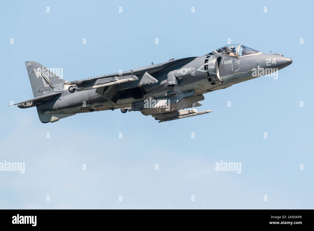 A United States Marine Corps AV-8B Harrier performs a demo at the 2015 ...