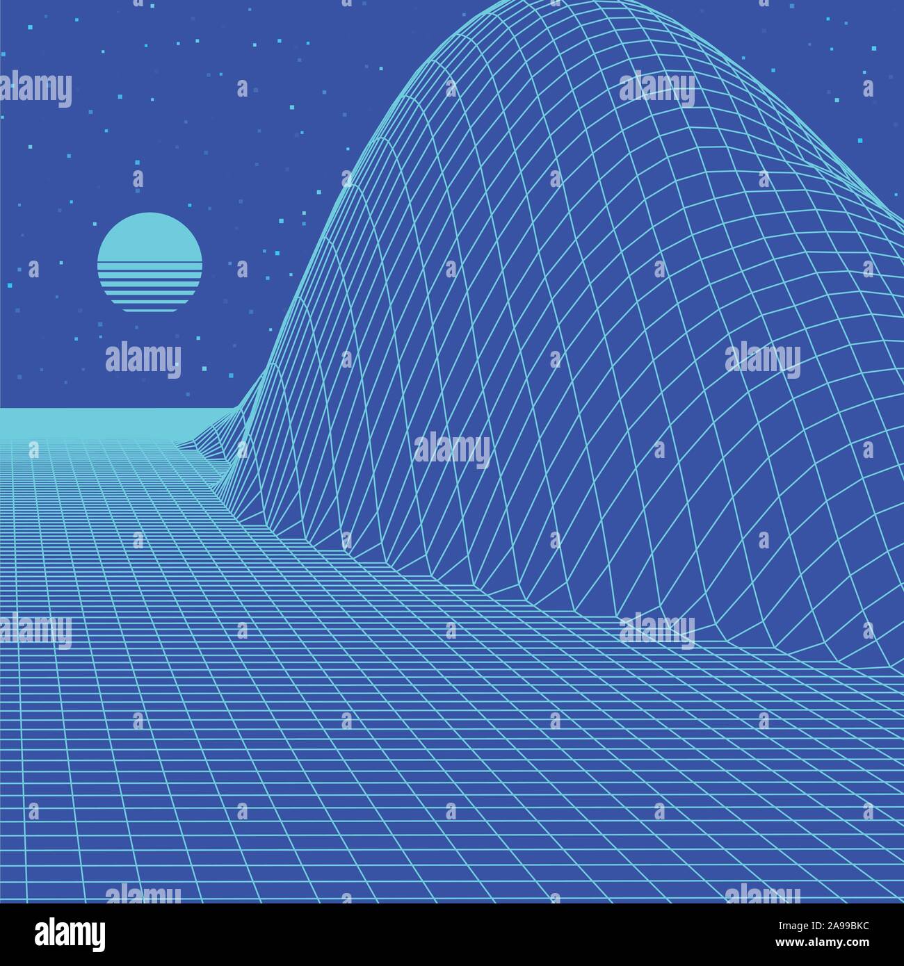 Landscape with wireframe grid of 80s styled retro computer game or ...