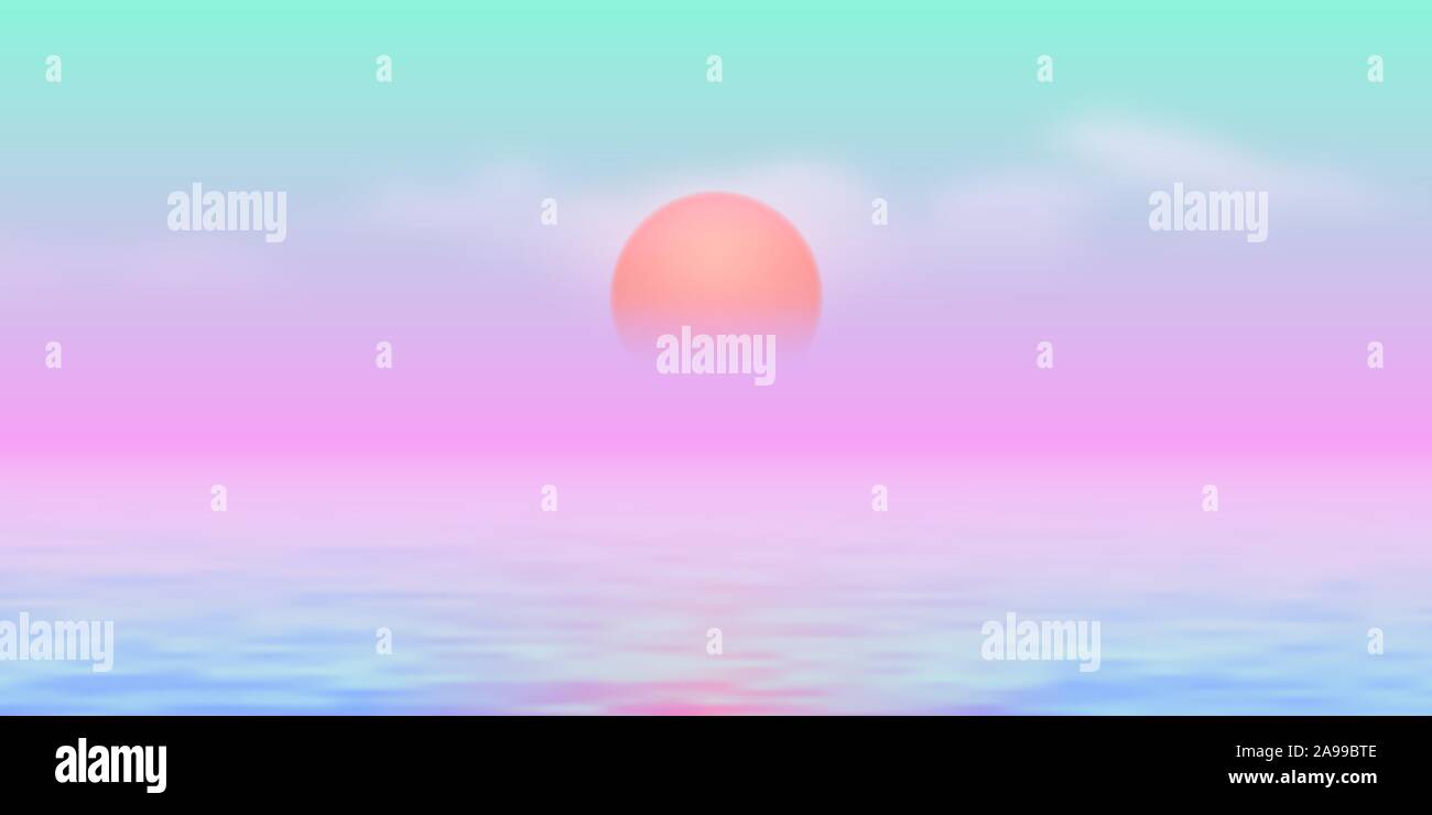 Sun over the sea with sun road and vaporwave 90s styled blue and pink ...