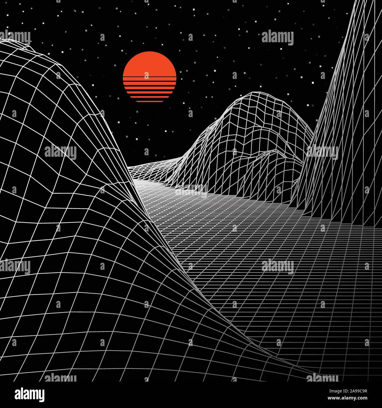 Landscape with wireframe grid of 80s styled retro computer game or ...
