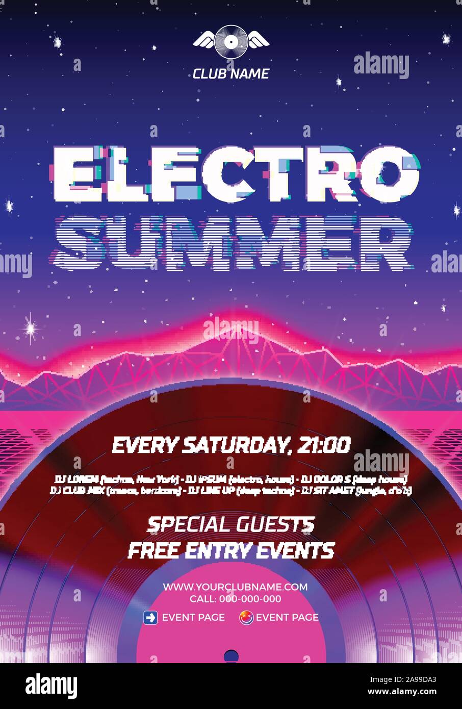 80s party poster with blue background and vinyl lp for Electro Sumer ...