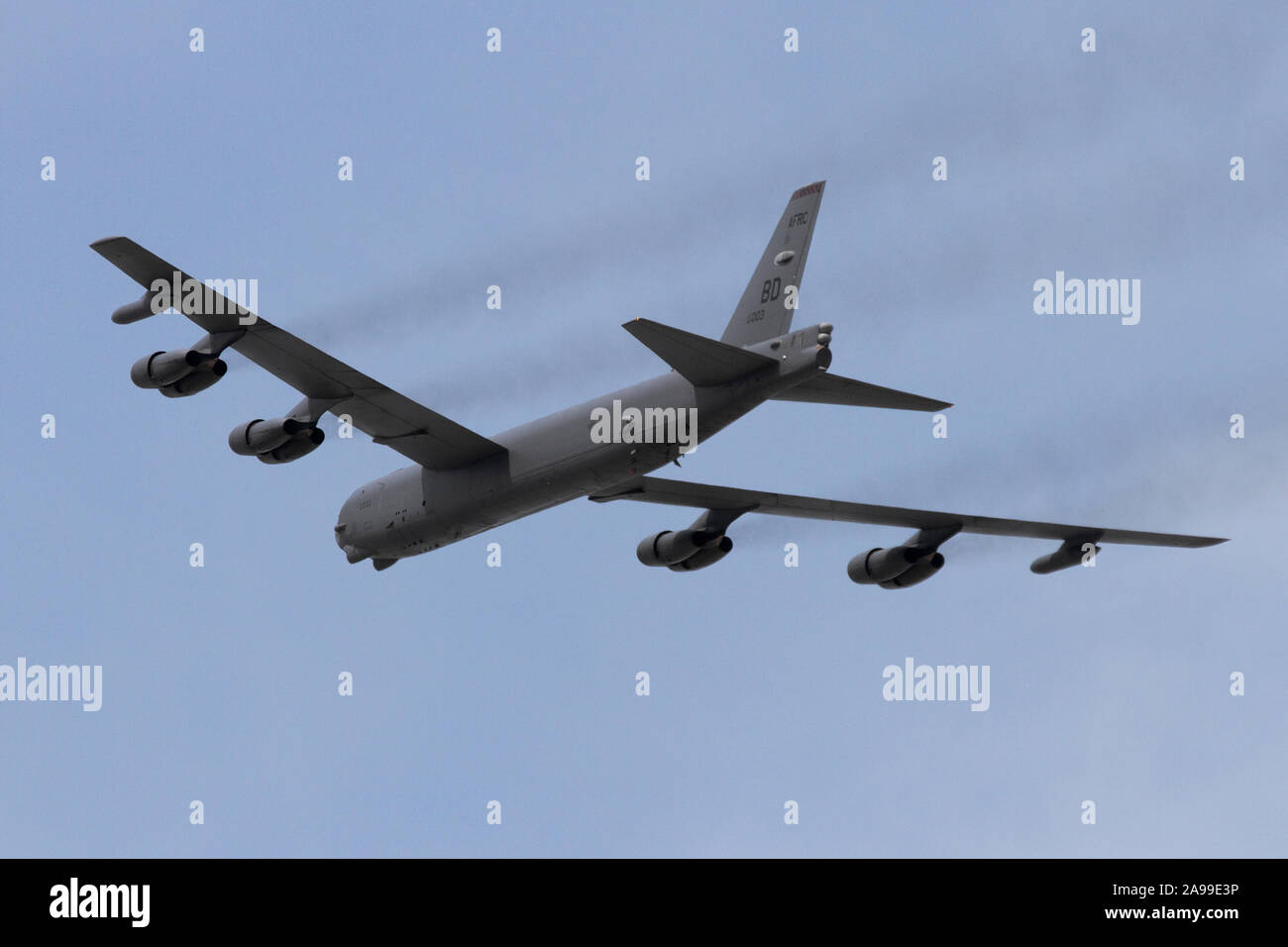 A United States Air Force B-52 Stratofortress performs a flyover at the ...