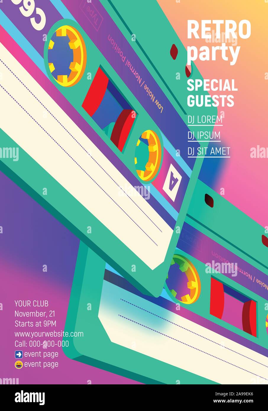 Compact cassette poster with vibrant retro 80s styled party invitation ...