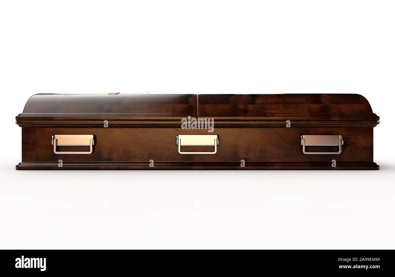 A dark modern wooden coffin with a chrome handles and a crucifix on an ...