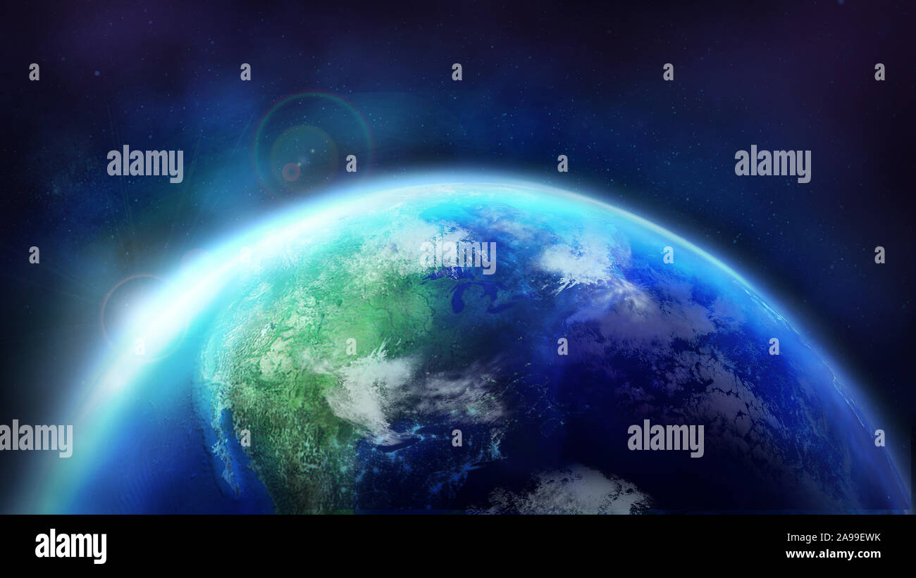 Dawn over the planet Earth. Globe is half illuminated by the sun. 3D ...