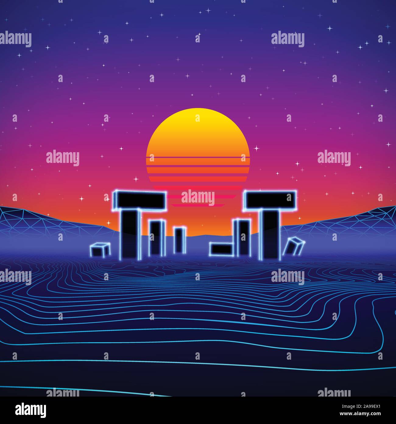 Neon landscape with 80s retro wave game style Stock Vector Image & Art ...