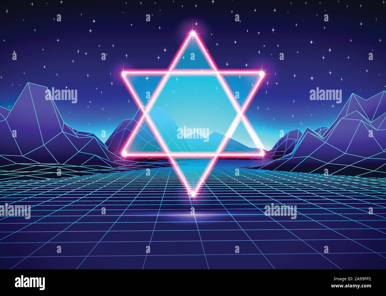 Retro futuristic landscape with neon hex star and shiny grid Stock ...