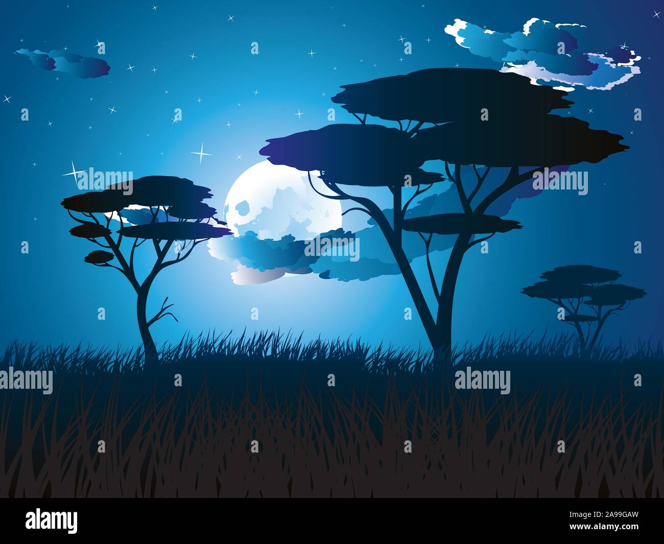 Colorful night scene, african landscape with silhouette of trees Stock ...