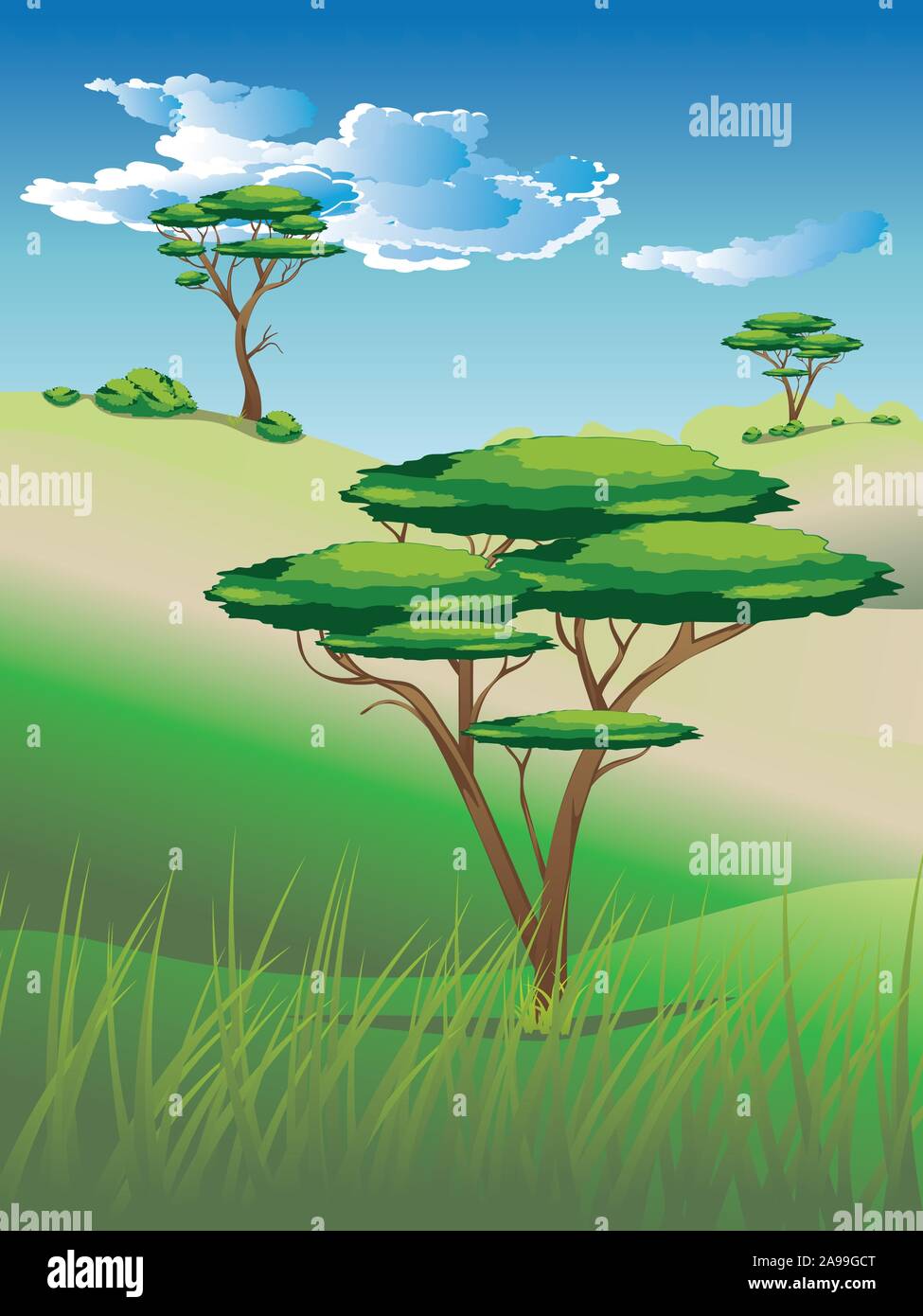 Illustration of african landscape, savanna nature with trees Stock ...