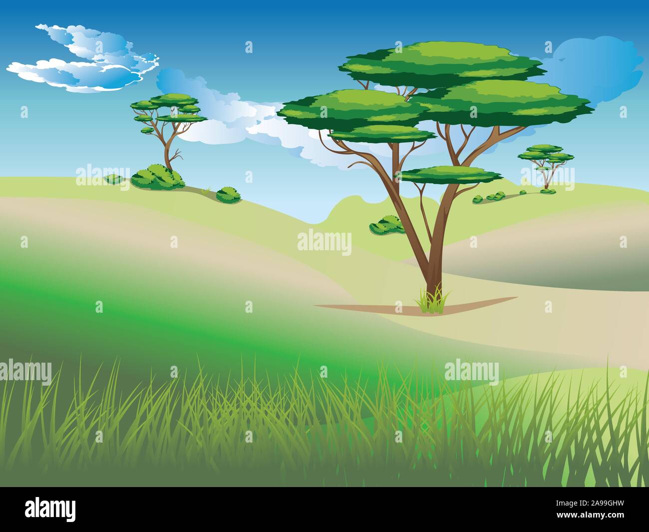 Illustration of african landscape, savanna nature with trees Stock ...