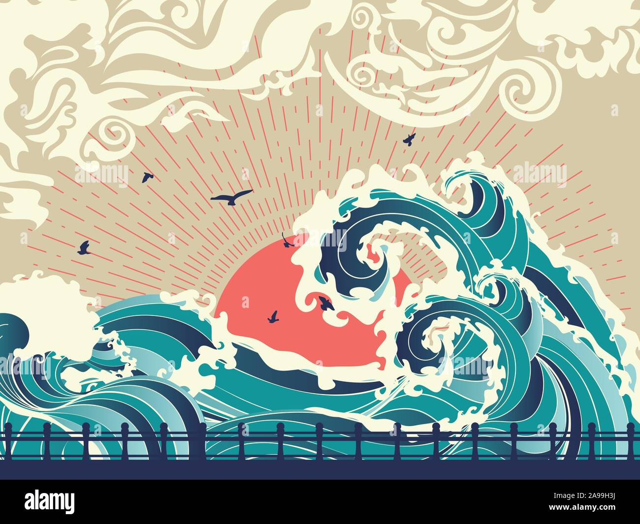 Stylized big waves of ocean or sea at sunset landscape, art poster ...