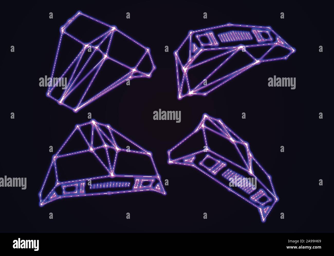 Neon space ships set of attacking invaders or defending fighters with ...