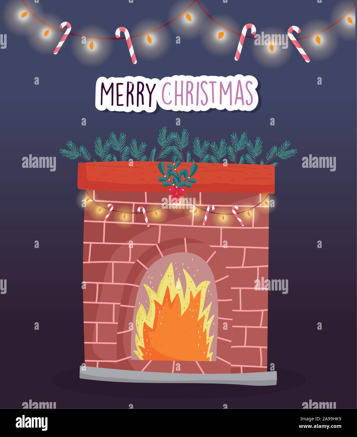 merry christmas celebration chimney fire lights candy canes vector ...