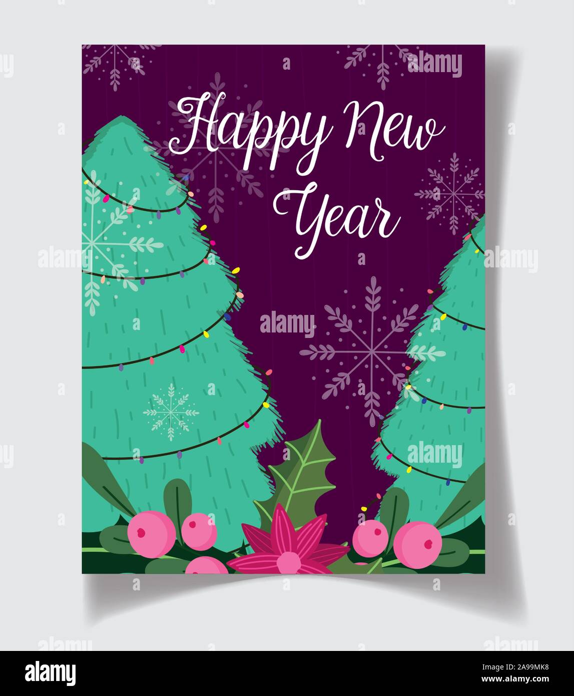 happy new year trees flower poinsettia decoration vector illustration ...