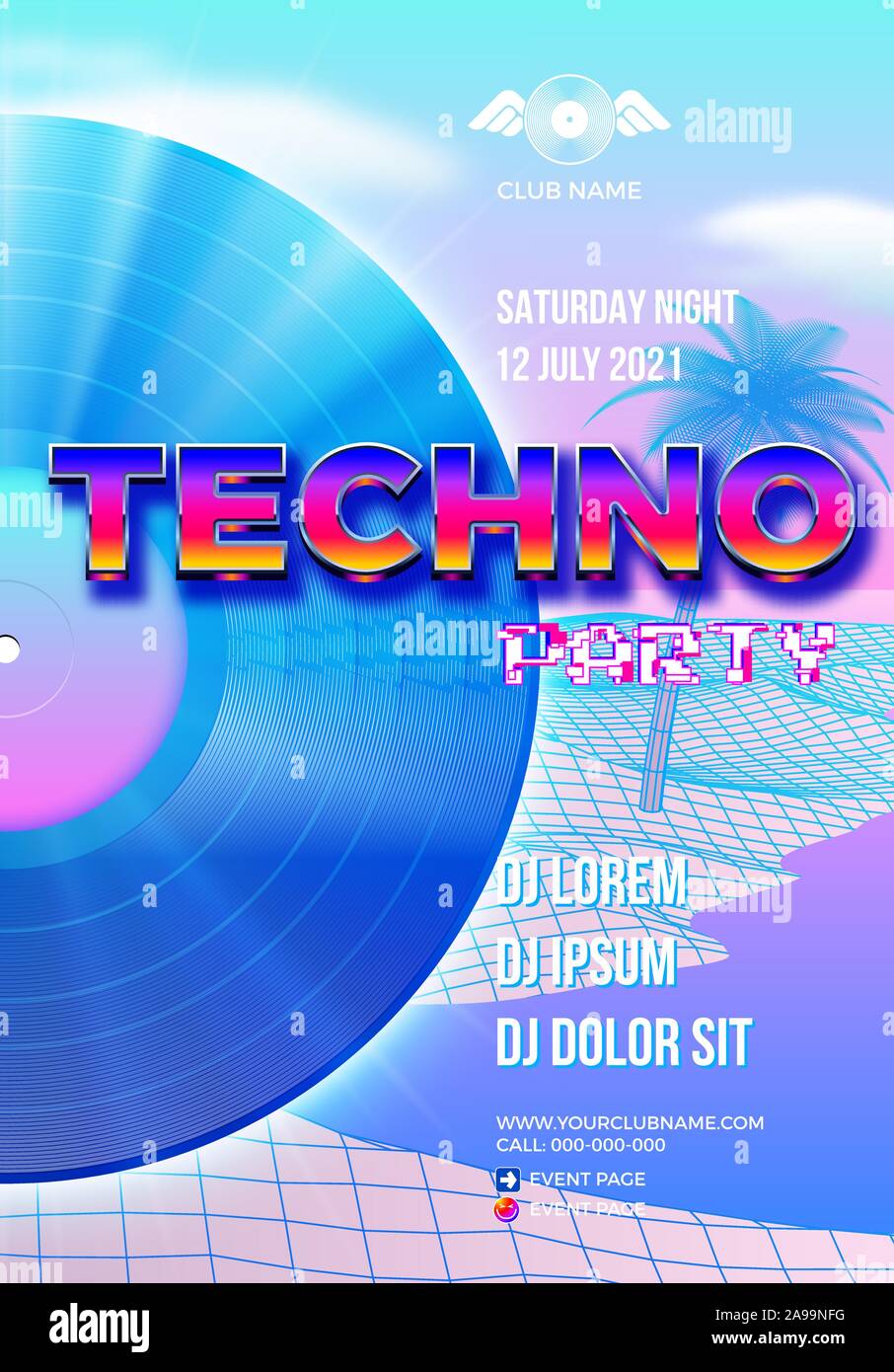 Beach party poster for clubbing dance event with vaporwave, 80s retro ...