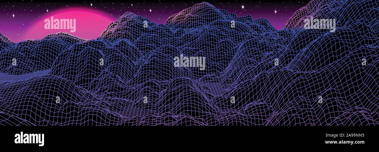 Neon grid landscape and sun with 80s arcade game style Stock Vector ...