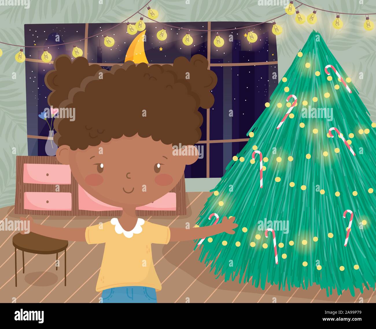 merry christmas celebration girl with glowing tree lights living room ...