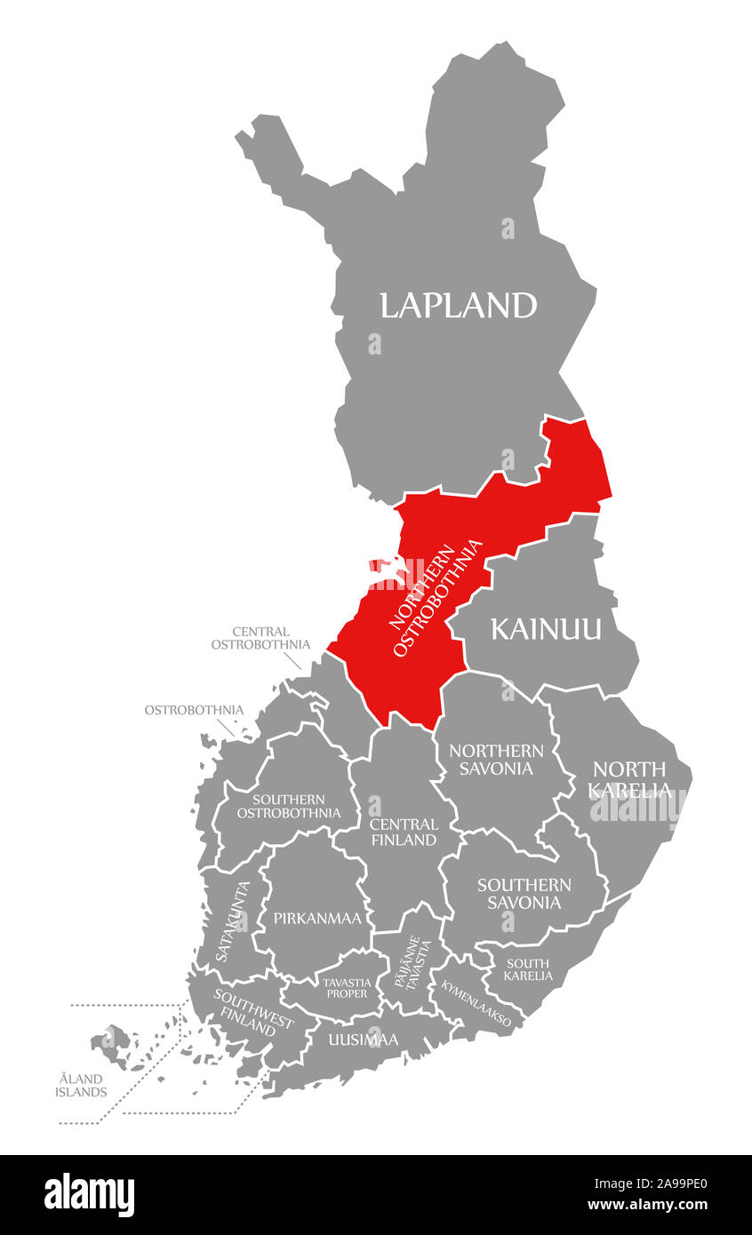 Northern Ostrobothnia red highlighted in map of Finland Stock Photo - Alamy