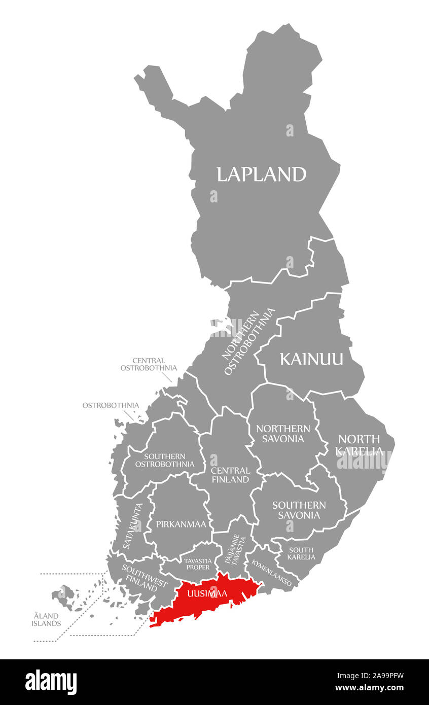 Uusimaa red highlighted in map of Finland Stock Photo - Alamy