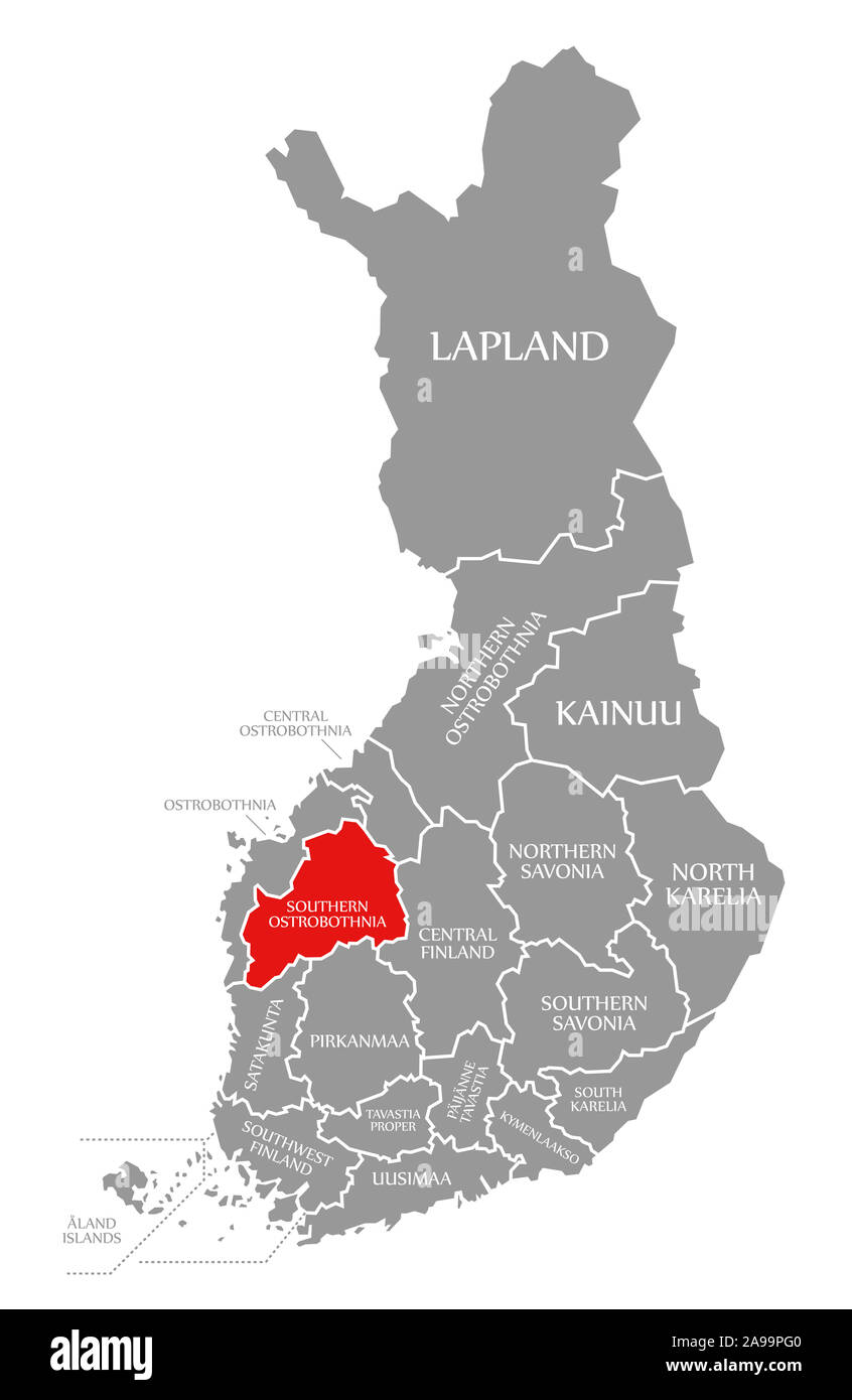 Southern Ostrobothnia red highlighted in map of Finland Stock Photo - Alamy