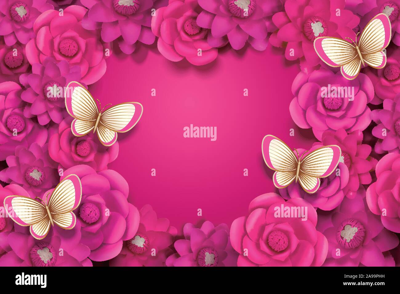Vivid fuchsia paper flowers decorative background with butterfly Stock ...