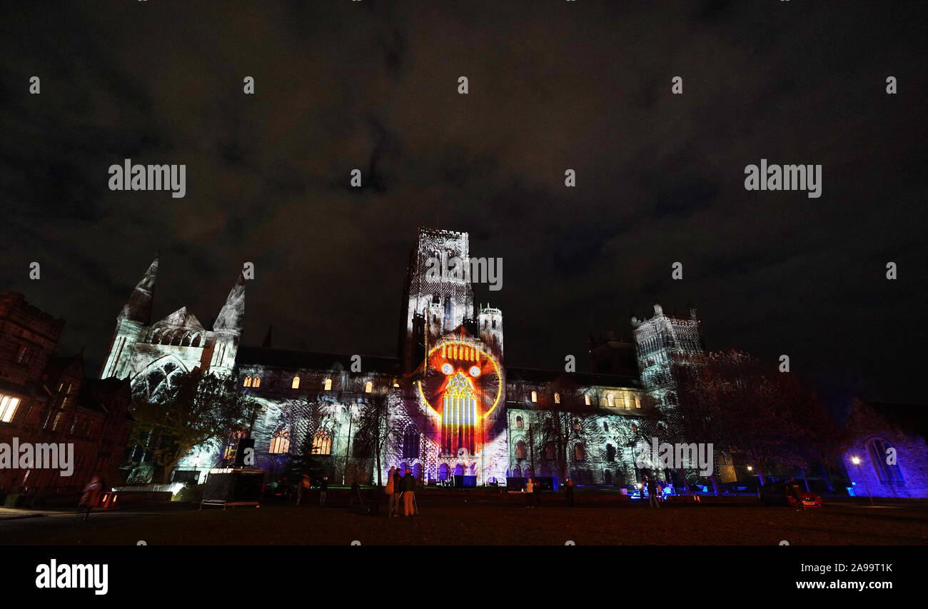 Durham Cathedral is lit up during a preview of Stones, part of Lumiere ...