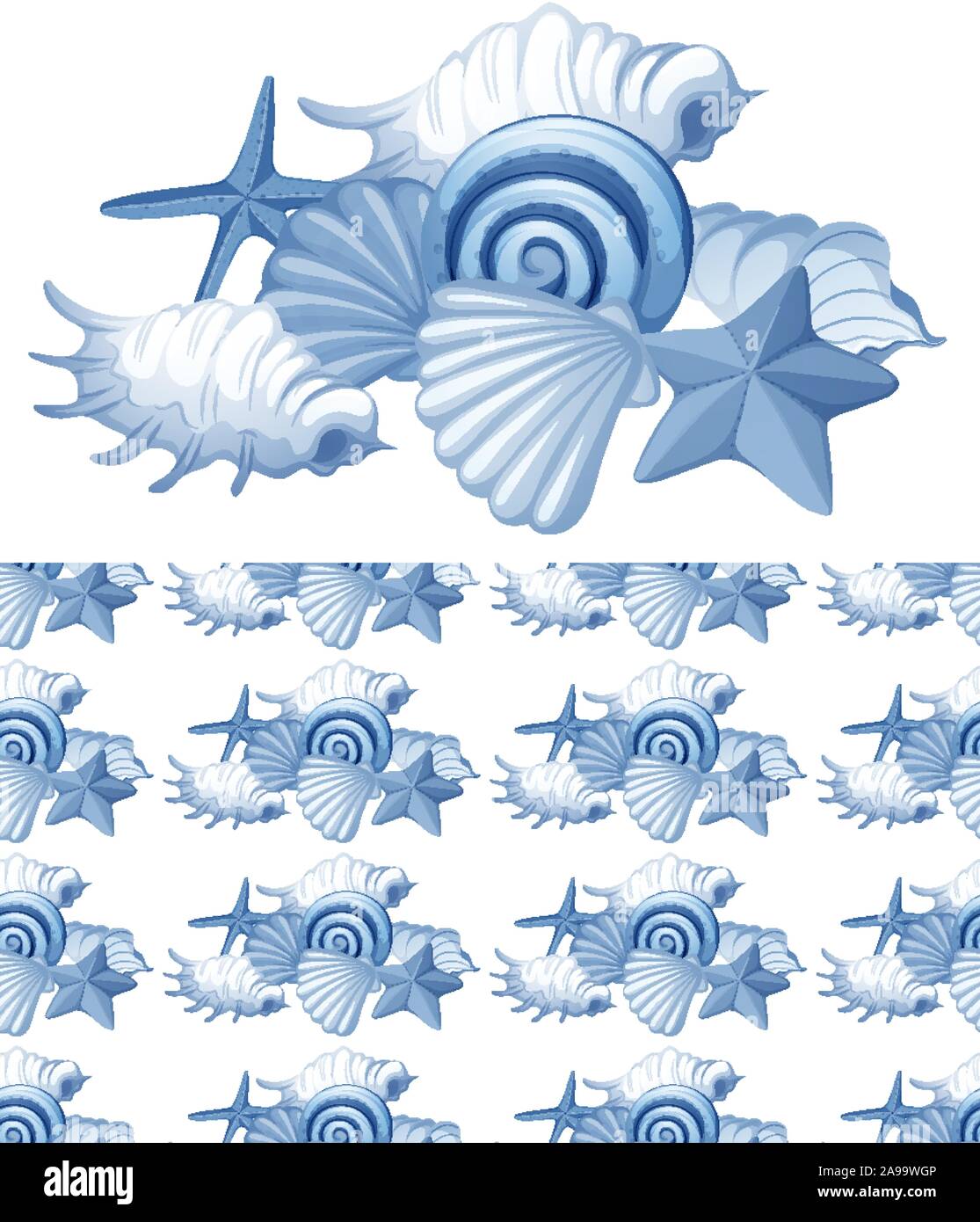 Seamless background design with seashells in blue illustration Stock ...