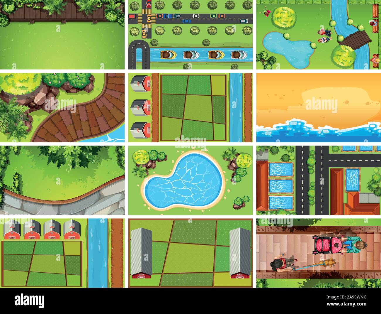 Set of top view aerial scenes in nature and outdoors illustration Stock ...