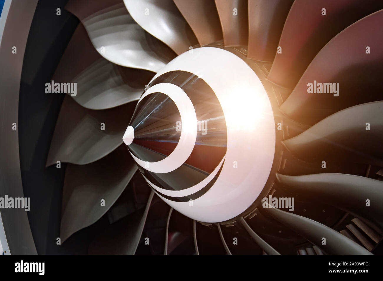 Turbo jet engine of airplane, close up in the light sparkle reflection ...