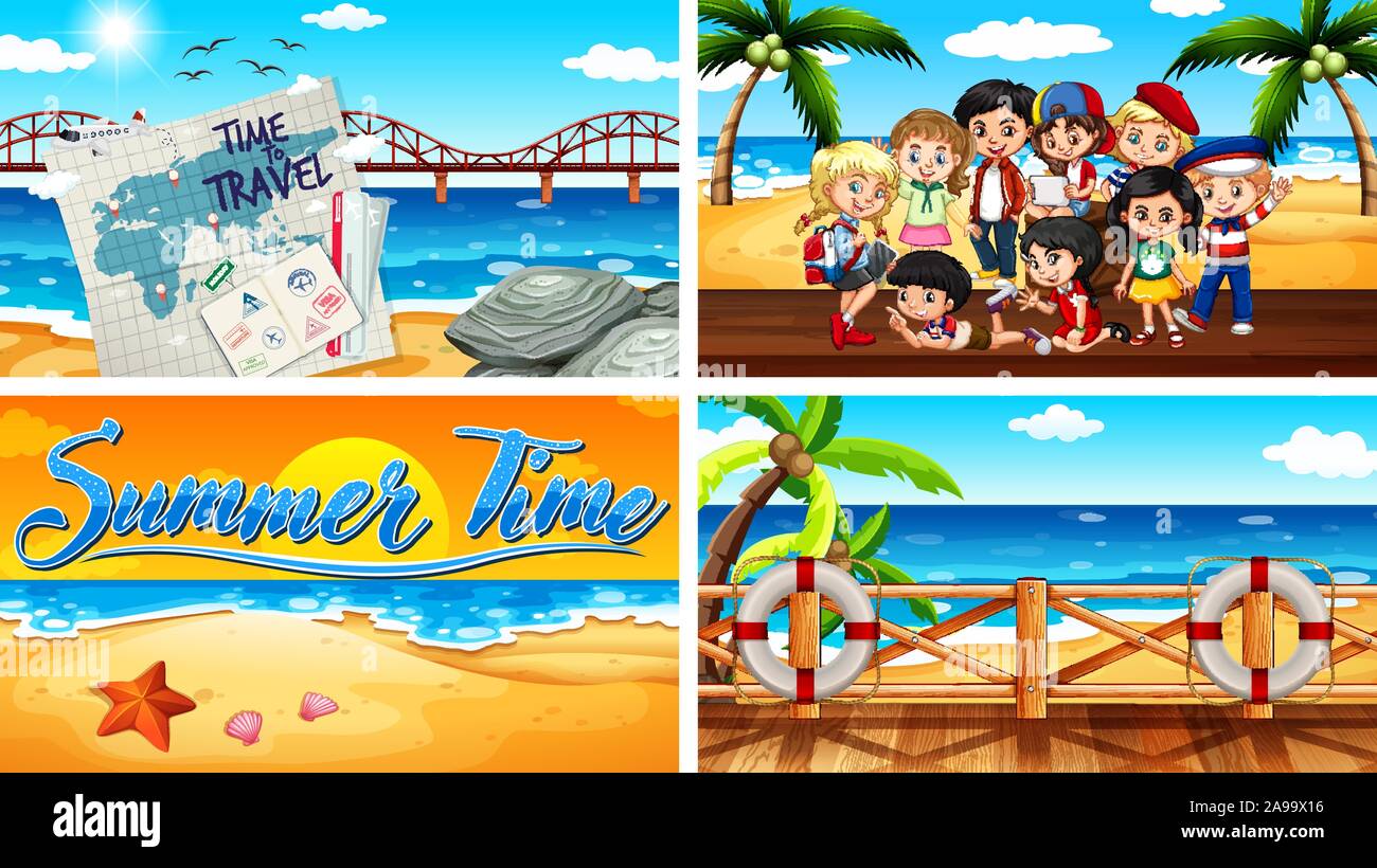 Four background scenes with summer theme illustration Stock Vector ...