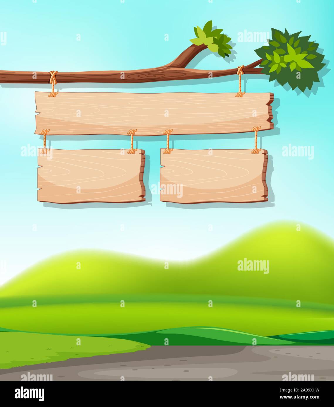 Wooden signs on branch with nature background illustration Stock Vector ...